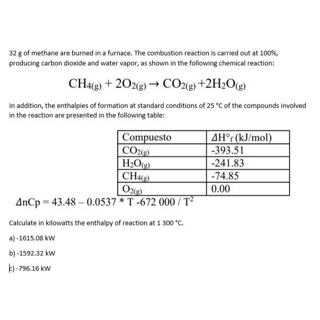 Solved 32g ﻿of methane are burned in a furnace. The | Chegg.com