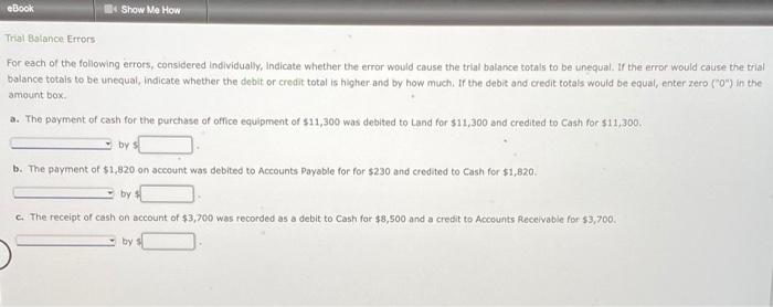 Solved eBook Show Me How Trial Balance Errors For each of | Chegg.com
