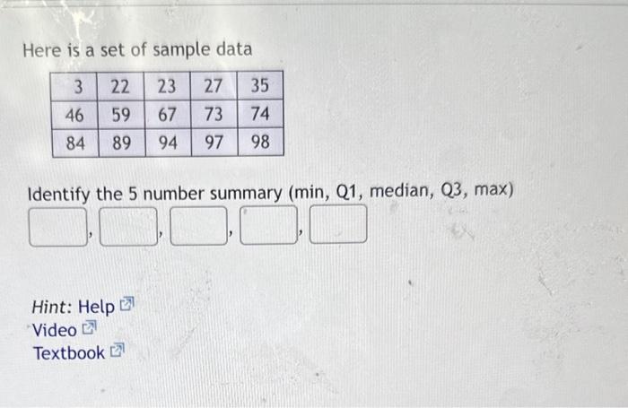 Solved Here is a set of sample data Identify the 5 number | Chegg.com