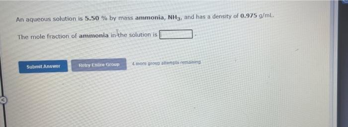 Solved An aqueous solution is 5.50 % by mass ammonia, NH3, | Chegg.com