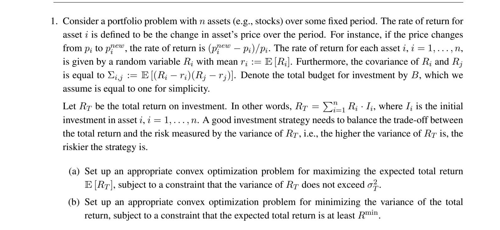 Solved 1. Consider a portfolio problem with n assets (e.g., | Chegg.com