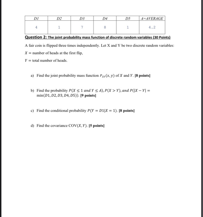 Solved DI D2 D3 D4 DS A=AVERAGE 4.2 4 1 7 8 1 Question 2: | Chegg.com