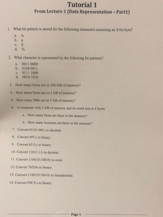 Solved Tutorial 1 From Lecture 1 (Data Representation - | Chegg.com