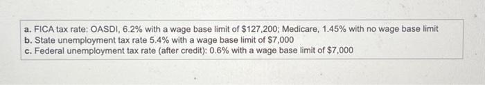 Solved a. FICA tax rate: OASDI, 6.2% with a wage base limit | Chegg.com
