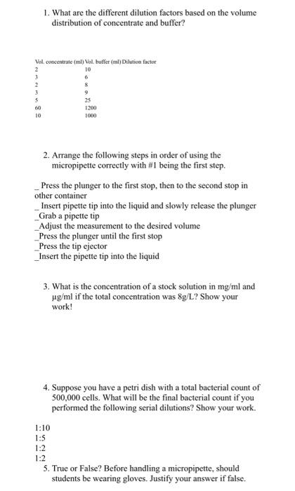 Solved 1. What are the different dilution factors based on | Chegg.com