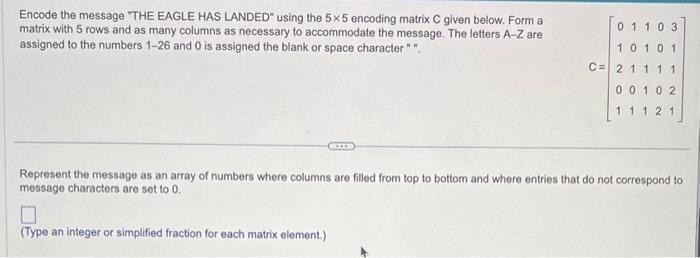 Solved Encode the message "THE EAGLE HAS LANDED" using the | Chegg.com