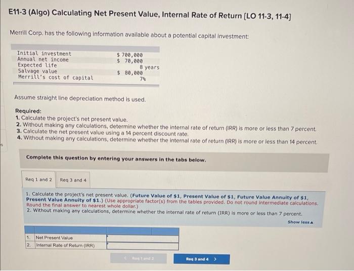 Solved E11-3 (Algo) Calculating Net Present Value, Internal | Chegg.com