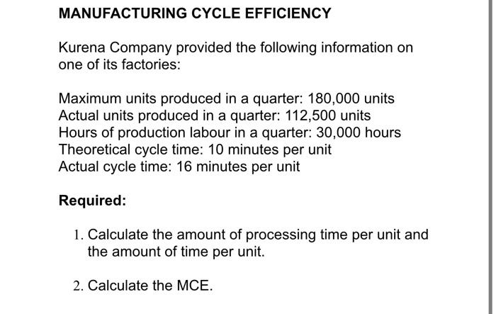 Solved MANUFACTURING CYCLE EFFICIENCY Kurena Company | Chegg.com