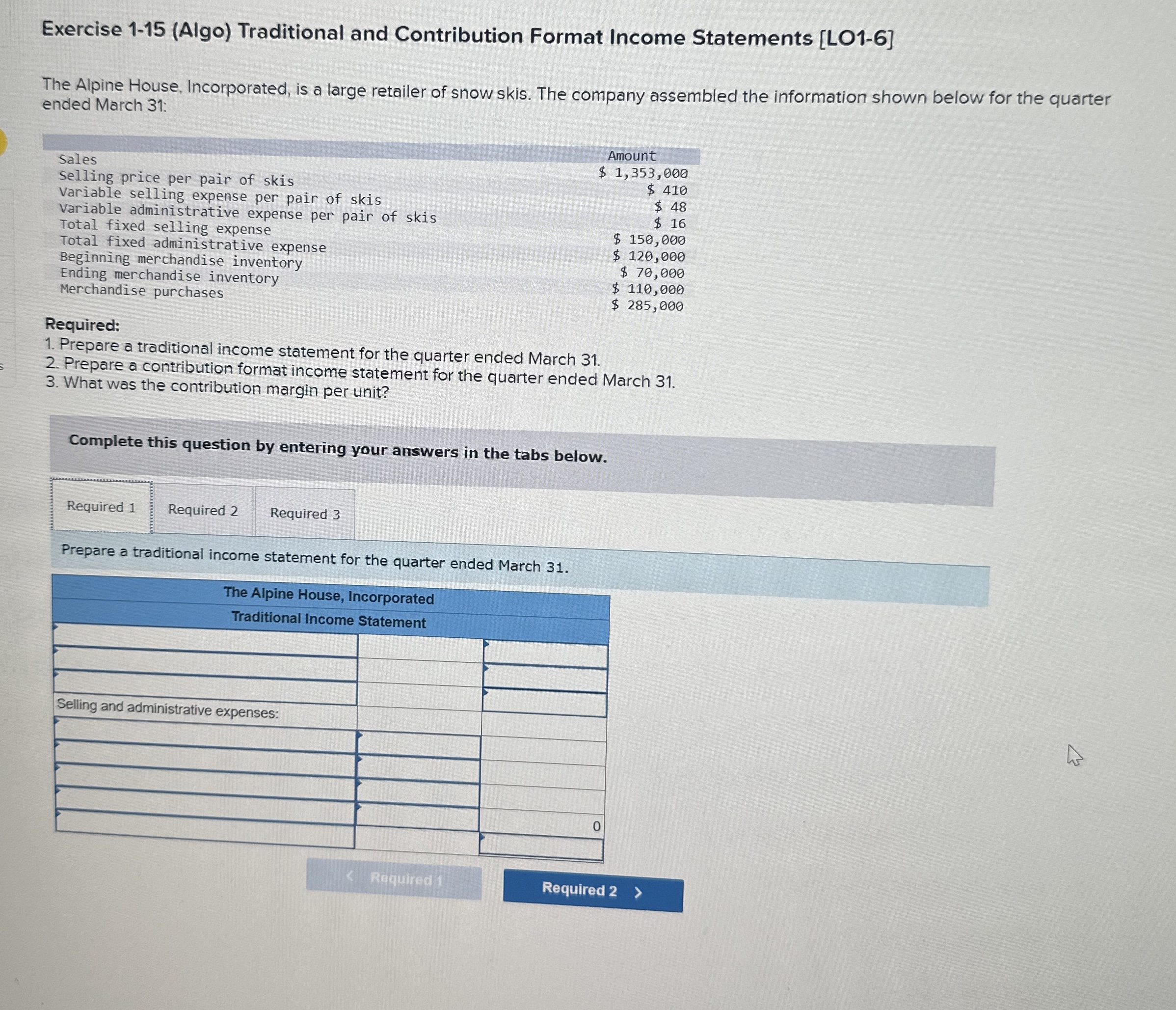 Solved Exercise 1-15 (Algo) ﻿Traditional and Contribution | Chegg.com