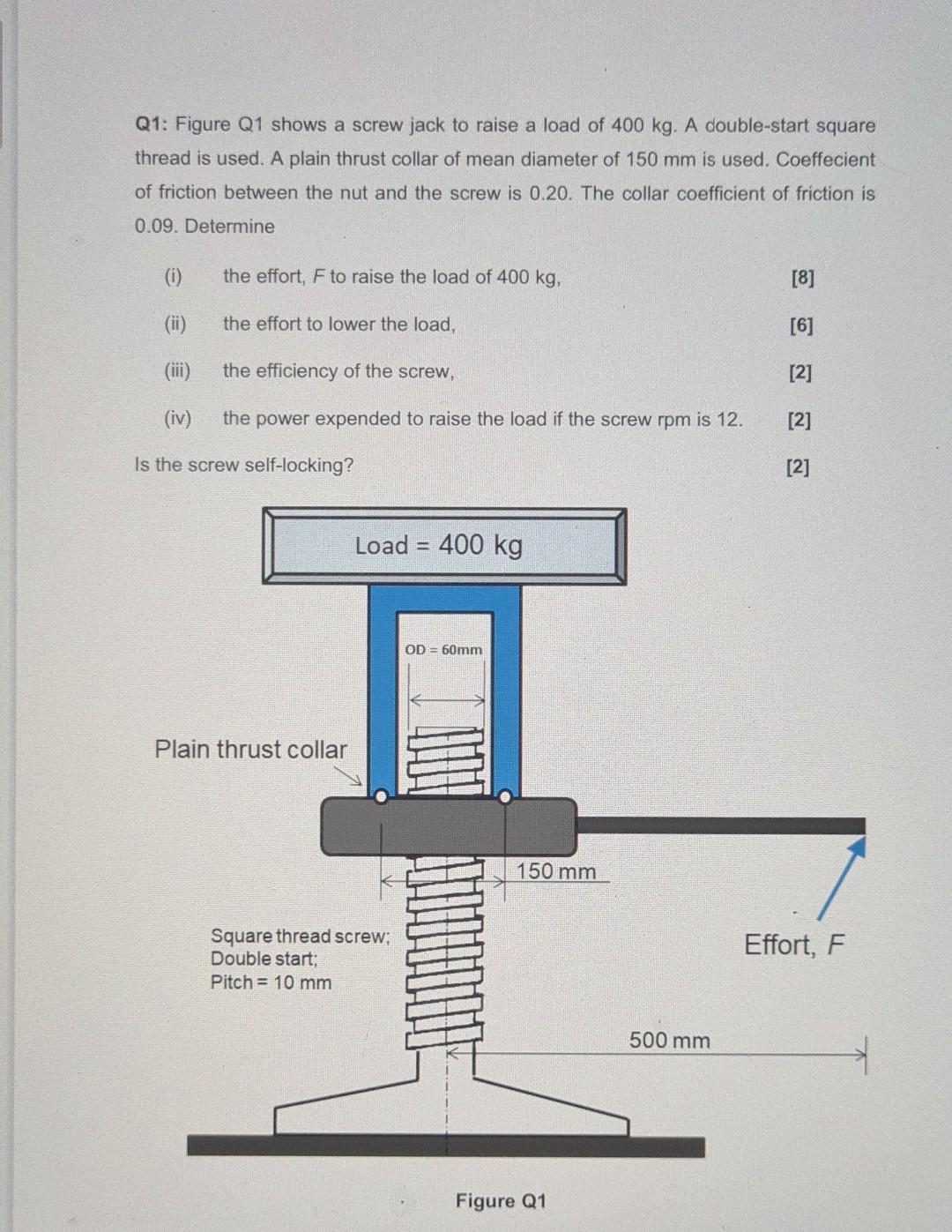 Solved Q1: Figure Q1 shows a screw jack to raise a load of | Chegg.com