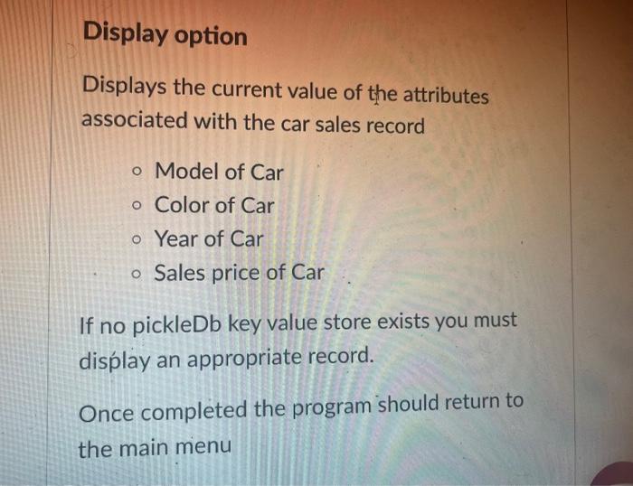 Solved Key-value data store: PickleDB Python Car Sales | Chegg.com