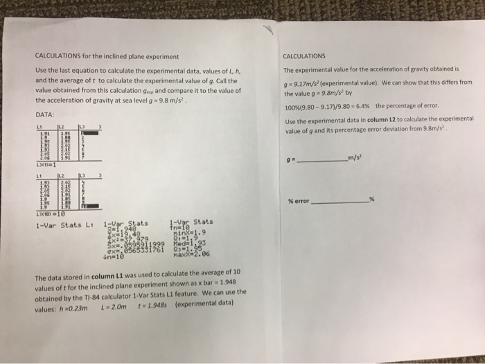 Solved CALCULATIONS for the inclined plane experiment Use | Chegg.com