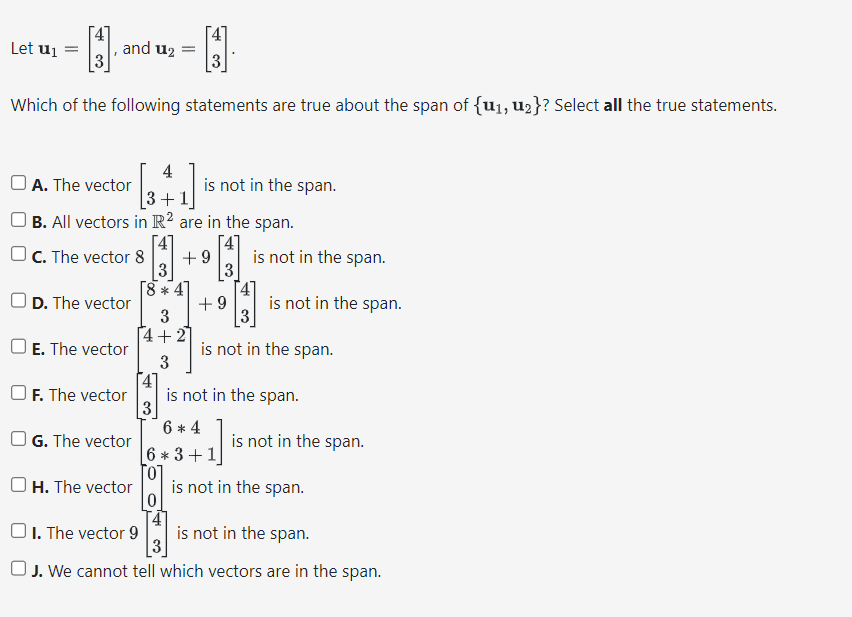 Solved Let u1=[43], ﻿and u2=[43].Which of the following | Chegg.com