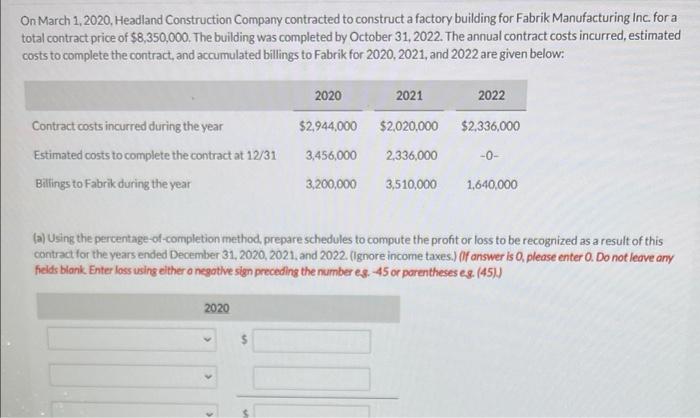 Solved On March 1, 2020, Headland Construction Company | Chegg.com