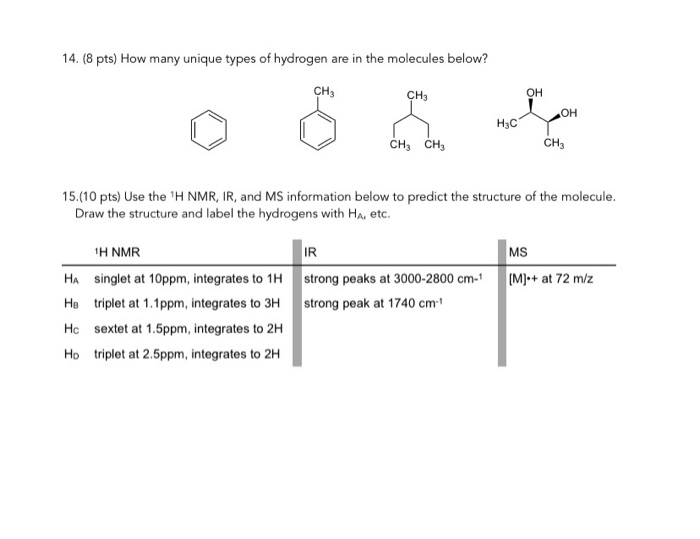 Solved 14. (8 pts) How many unique types of hydrogen are in | Chegg.com