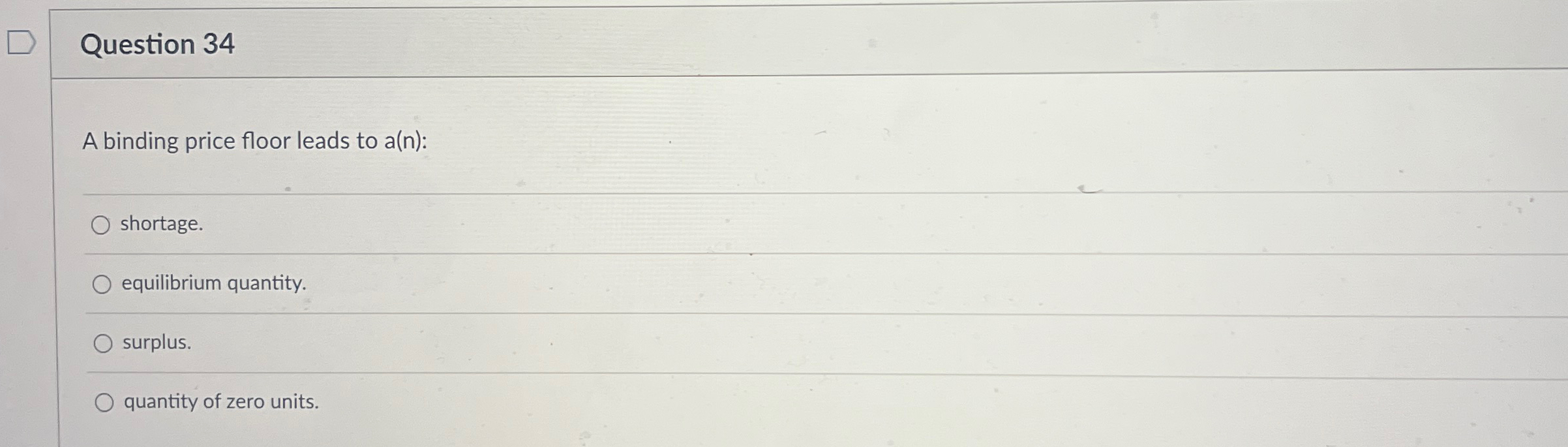 Solved Question 34A binding price floor leads to a(n) | Chegg.com