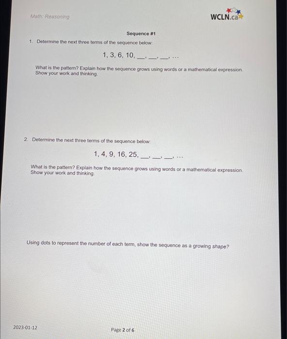 Solved Sequence \#1 1. Determine the next three terms of the | Chegg.com