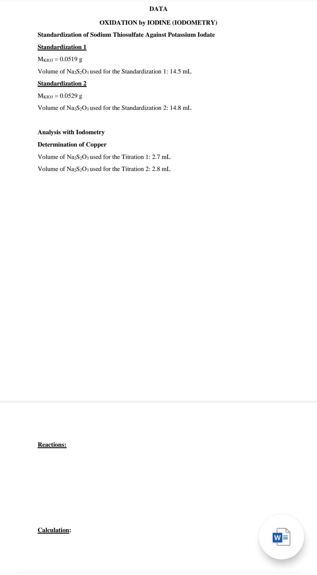 Solved DATA OXIDATION by IODINE (IODOMETRY) Standardization | Chegg.com