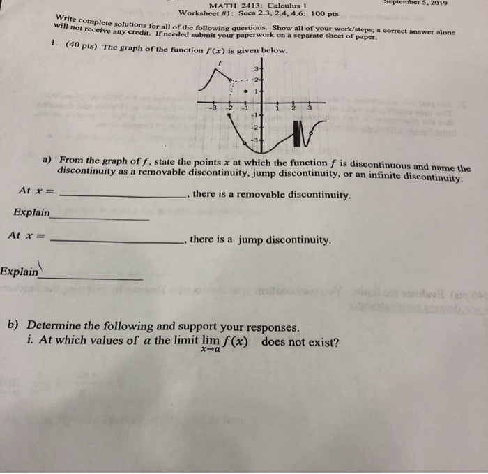 Solved September 5, 2019 MATH 2413: Calculus 1 Worksheet #1: | Chegg.com