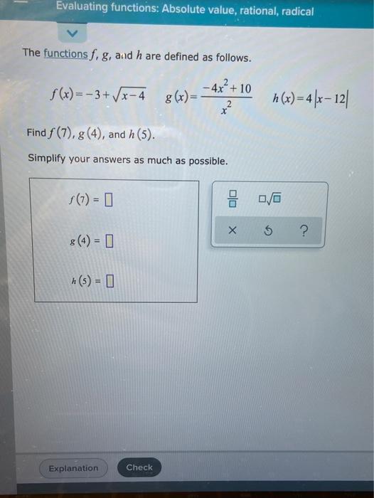 Solved Evaluating functions: Absolute value, rational, | Chegg.com