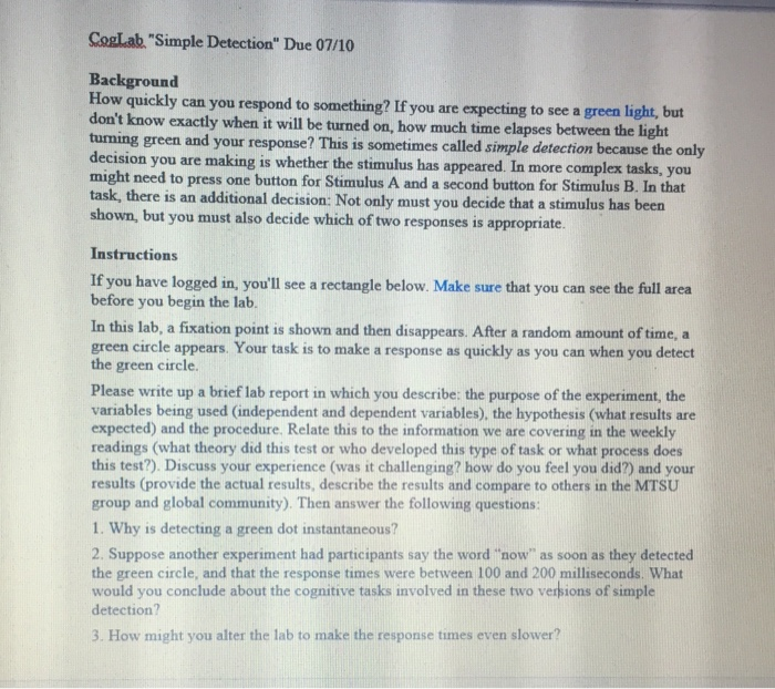 CogLab "Simple Detection" Due 07/10 Background How | Chegg.com