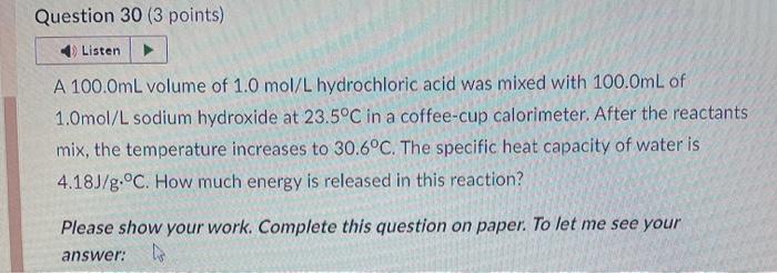 Solved A 100.0 mL volume of 1.0 mol/L hydrochloric acid was | Chegg.com