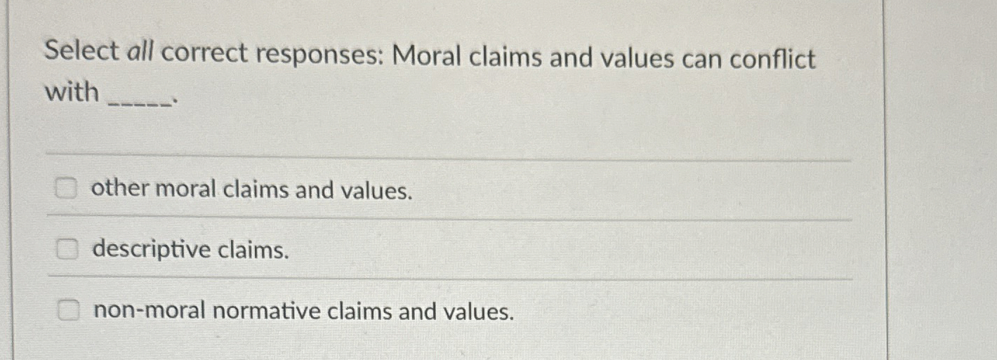 Solved Select all correct responses: Moral claims and values | Chegg.com