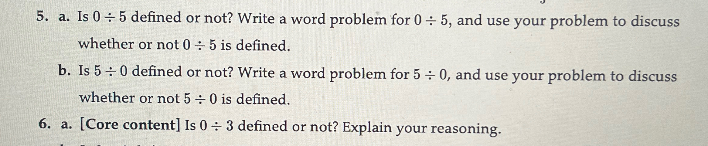 Solved a. ﻿Is 0÷5 ﻿defined or not? Write a word problem for | Chegg.com