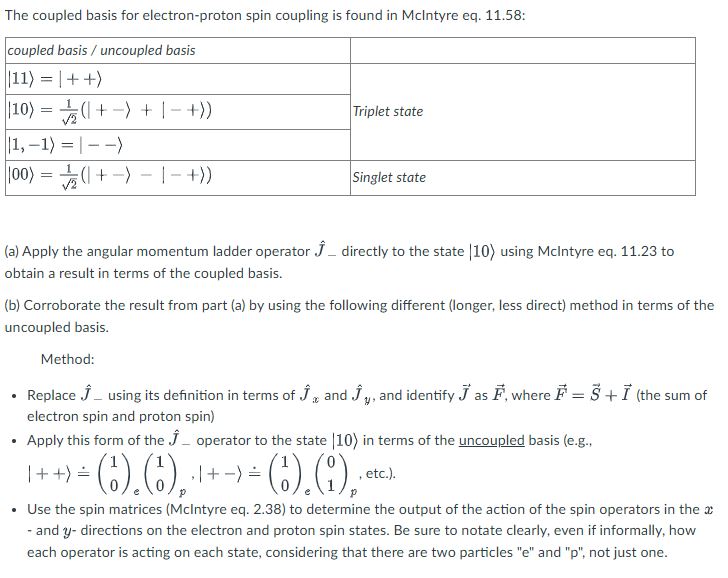 Solved The coupled basis for electron-proton spin coupling | Chegg.com