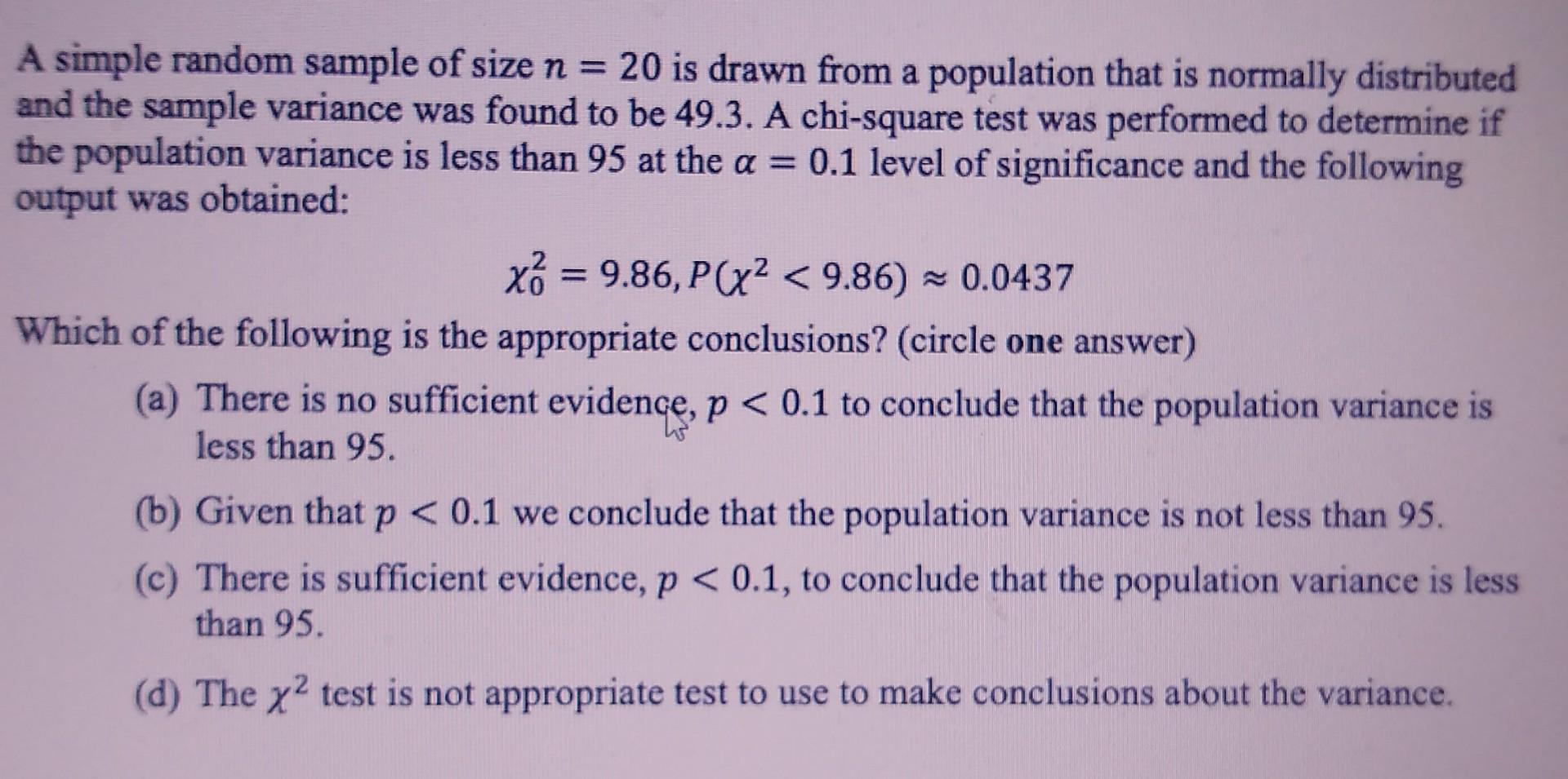 Solved = A simple random sample of size n = 20 is drawn from | Chegg.com