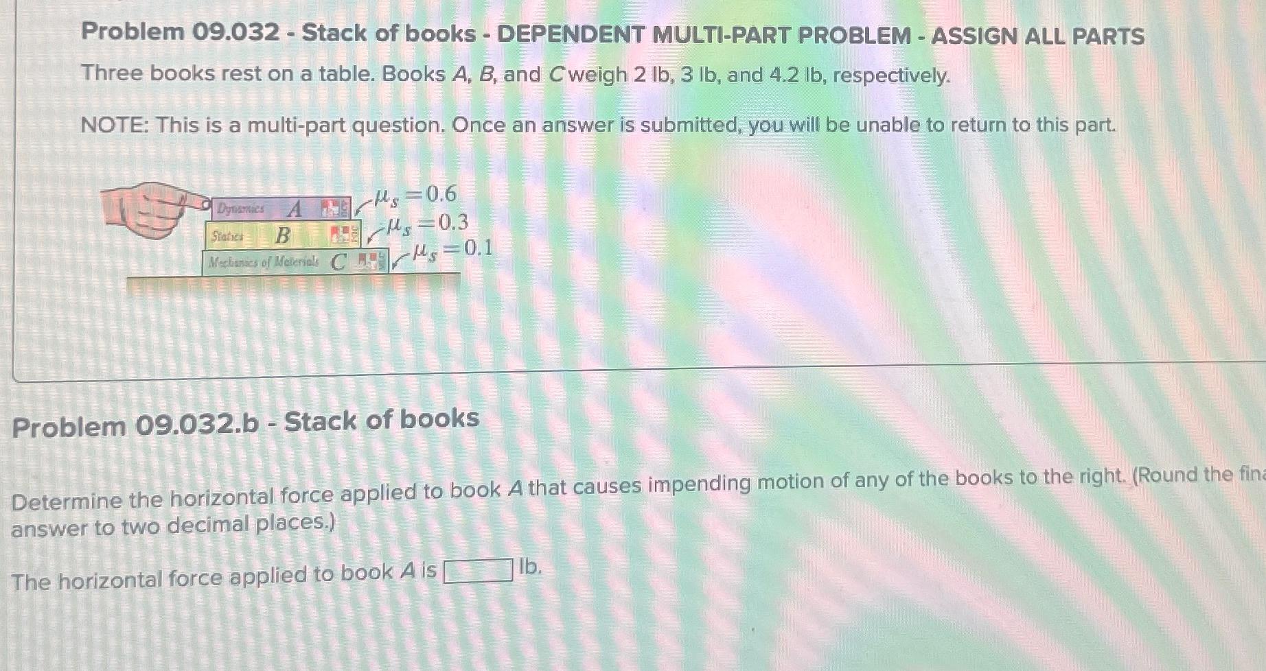 Solved Problem 09.032 - ﻿Stack of books - ﻿DEPENDENT | Chegg.com