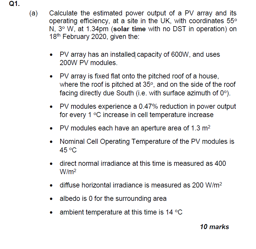 Solved Q1.(a) ﻿Calculate the estimated power output of a PV | Chegg.com