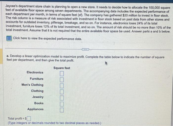 Solved Jaycee's department store chain is planning to open a | Chegg.com