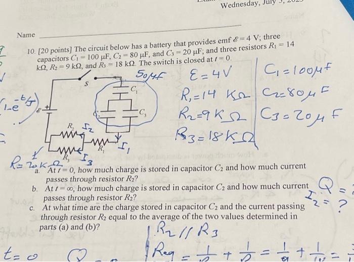 Solved Name 10. [20 points] The circuit below has a battery | Chegg.com