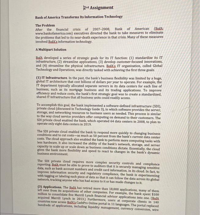 Solved 2rd Assignment Bank of America Transforms Its | Chegg.com