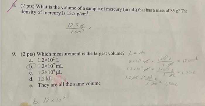 Solved 8. (2 pts) What is the volume of a sample of mercury | Chegg.com