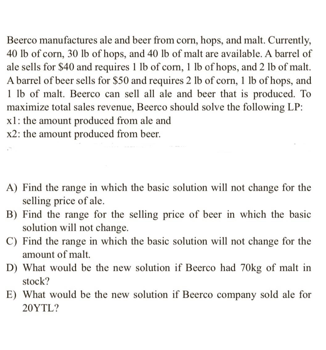Solved Beerco manufactures ale and beer from corn, hops, and | Chegg.com