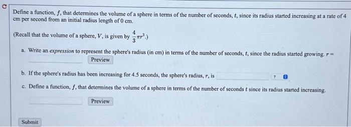 Solved Define a function, f, that determines the volume of a | Chegg.com