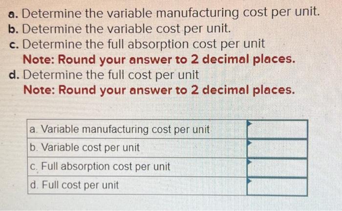 Solved a. Determine the variable manufacturing cost per | Chegg.com