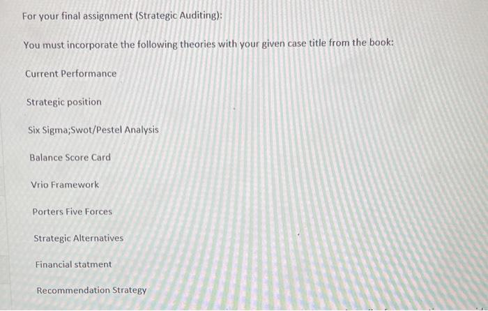 For your final assignment (Strategic Auditing): You | Chegg.com