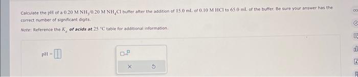 Solved Calculate the pH of 30.20MNH30.20MNH4Cl buffer after | Chegg.com