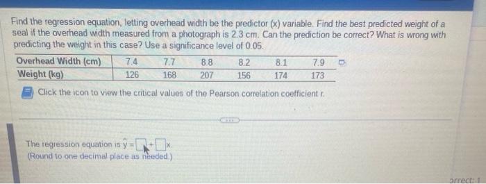 Solved Find the regression equation, letting overhead width | Chegg.com