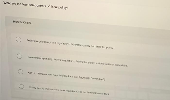 Solved What are the four components of fiscal policy? | Chegg.com