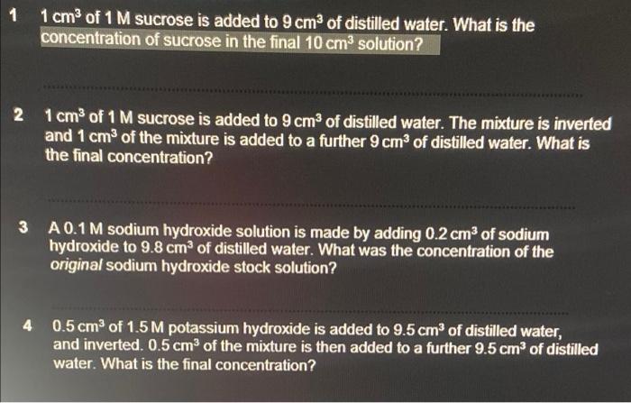 Solved 1 1 cm of 1 M sucrose is added to 9 cm of distilled | Chegg.com