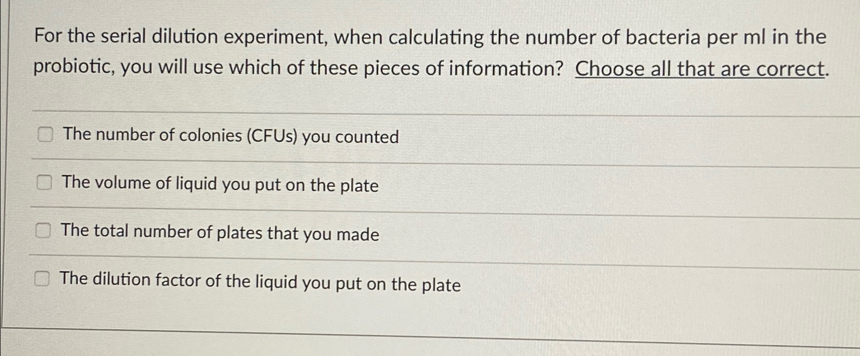 Solved For the serial dilution experiment, when calculating | Chegg.com