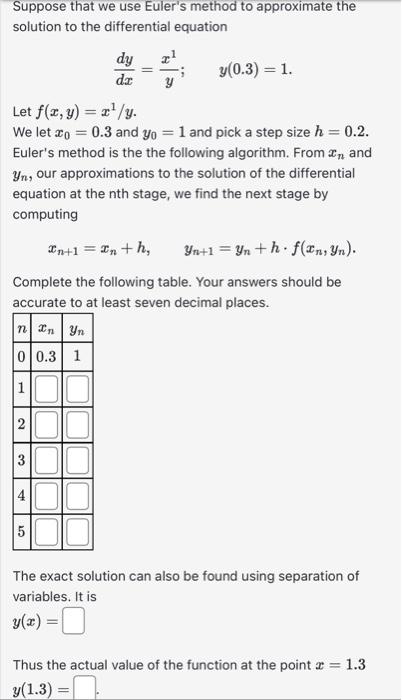 Solved Suppose that we use Euler's method to approximate the | Chegg.com