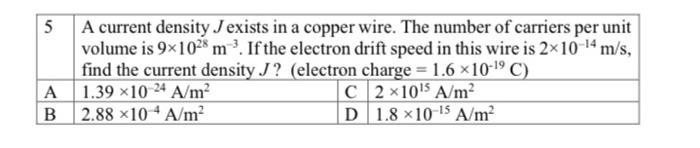 Solved 5 A current density Jexists in a copper wire. The | Chegg.com