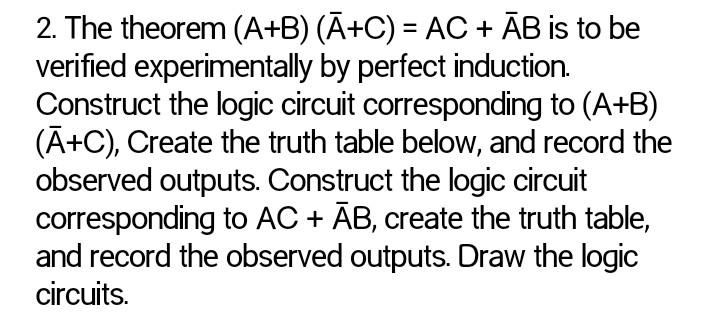 Solved 2. The theorem (A+B) (Ā+C) = AC + ĀB is to be | Chegg.com