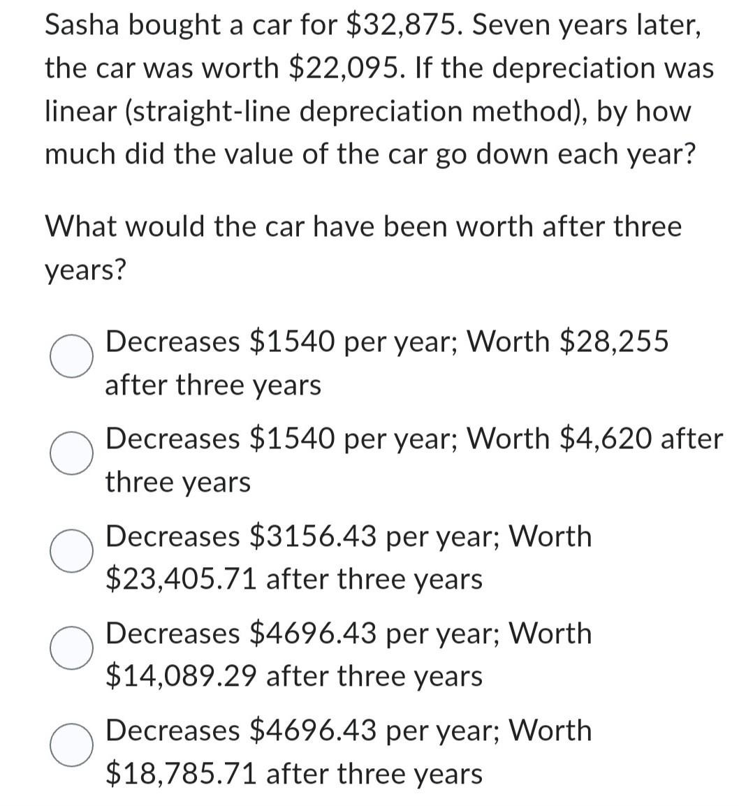 Solved Sasha bought a car for $32,875. Seven years later, | Chegg.com