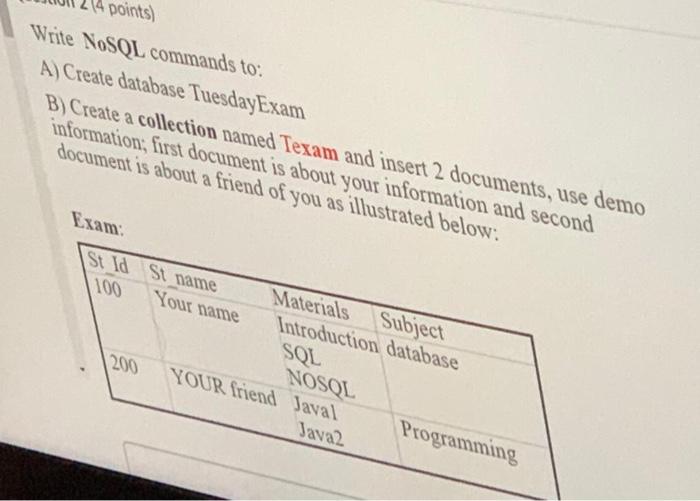 Solved 14 points) Write NoSQL commands to: A) Create | Chegg.com